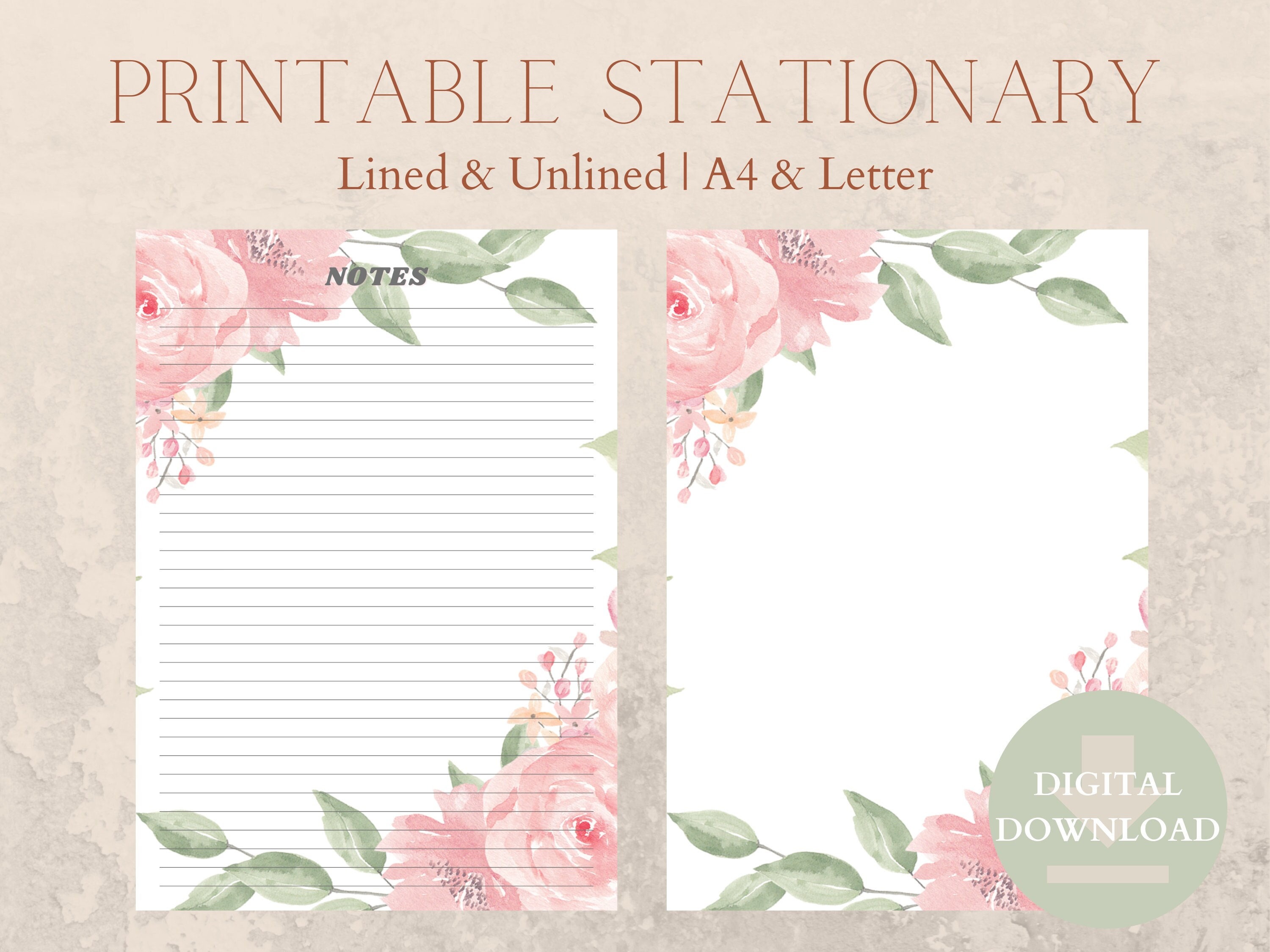 Printable Pink Floral Letter Writing Paper | Digital Download | Lined ...