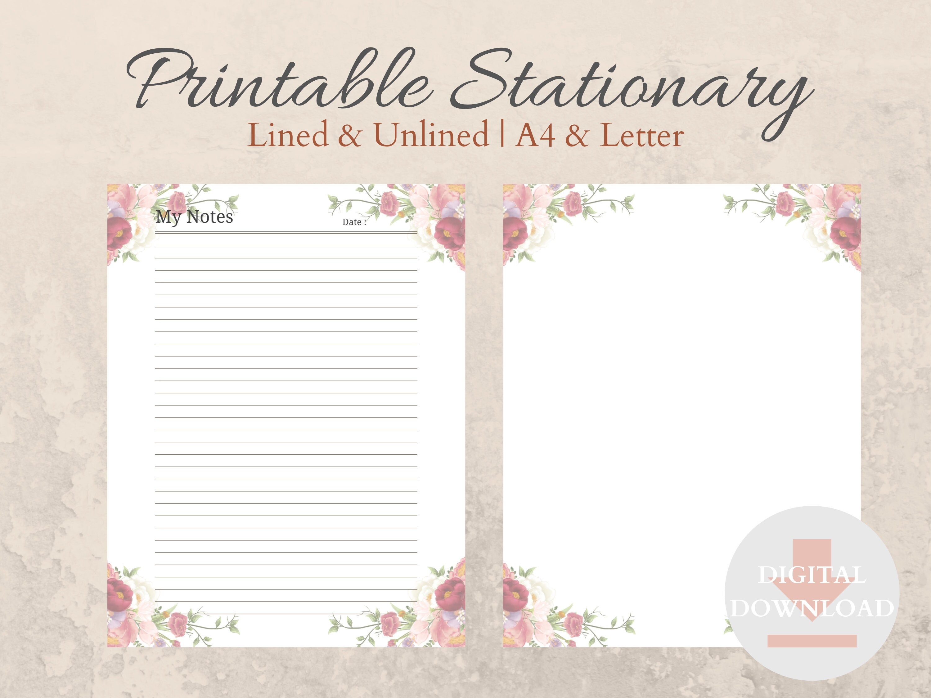Printable Vintage Inspired Letter Writing Paper Digital Download Lined ...