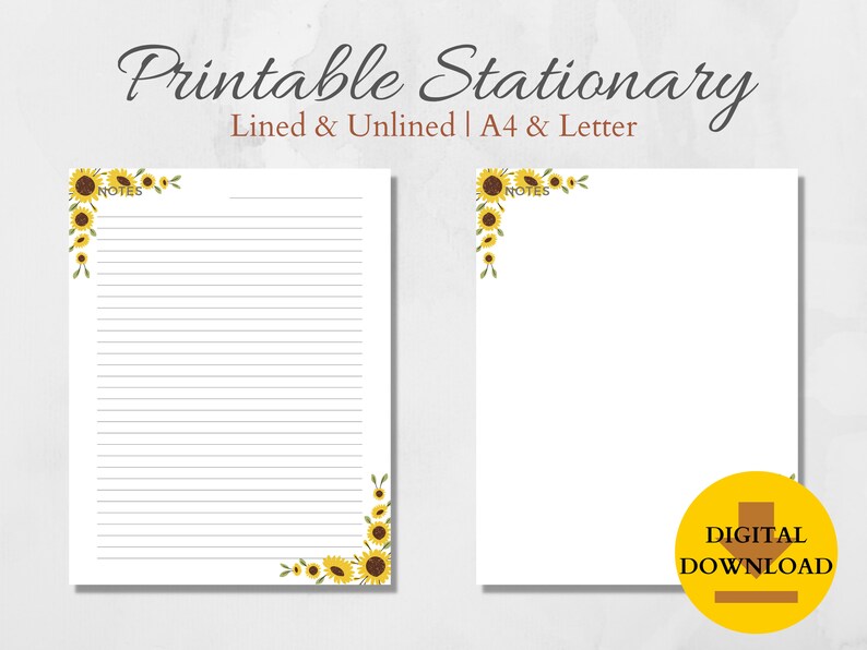 Printable Sunflower Letter Writing Paper | Digital Download | Lined ...