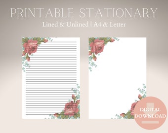 Printable Pink Floral Letter Writing Paper | Digital Download | Lined ...