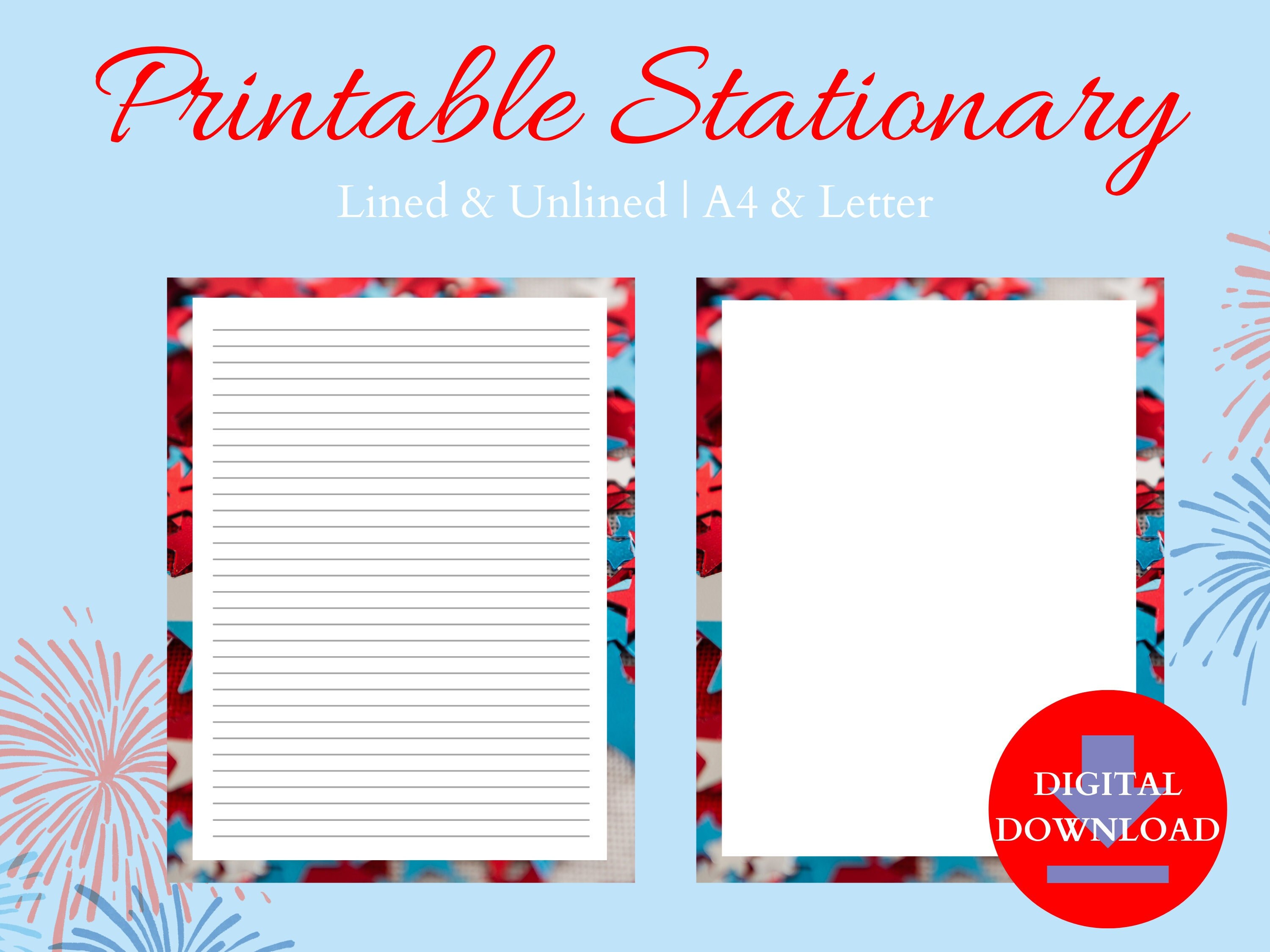Printable 4th of July Letter Writing Paper Digital Download Lined ...
