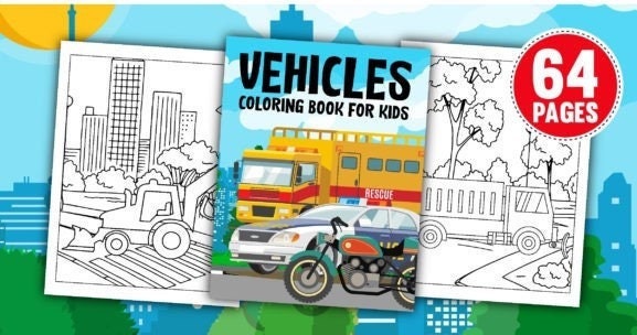 64 Pages Vehicles Coloring Book, Books for Kids, PDF Printable, Instant ...