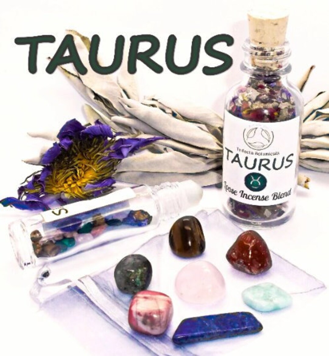 TAURUS Zodiac Set ~ Gemstone Roller Bottle + Pocket Crystals + Loose ...