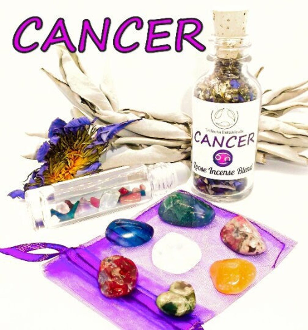 CANCER Zodiac Set ~ Gemstone Roller Bottle + Pocket Crystals + Loose ...