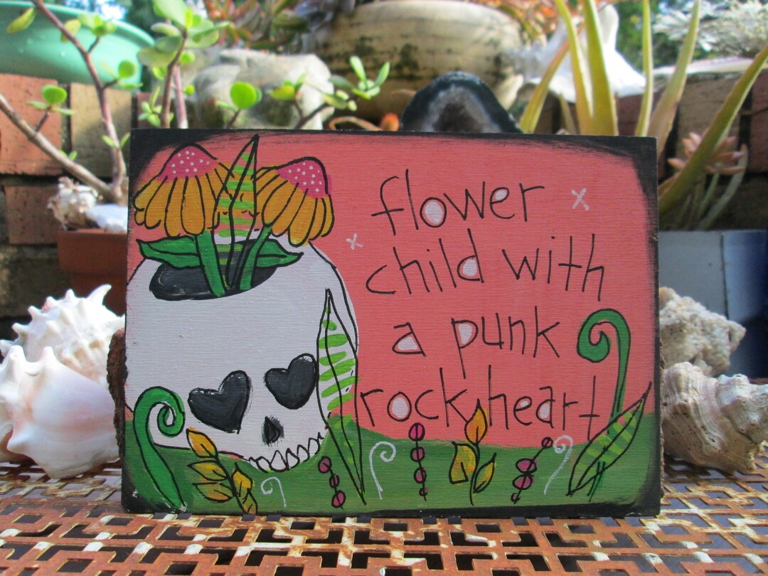Flower Child With a Punk Rock Heart, Cute Painting on 5 by 7 Wood Panel ...