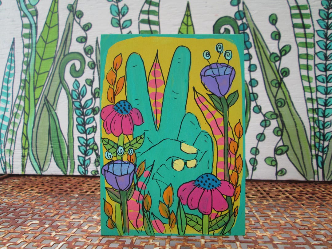 Hand-painted Peace Sign Hand and Flowers on 7 by 5 Wood Panel, Painted ...