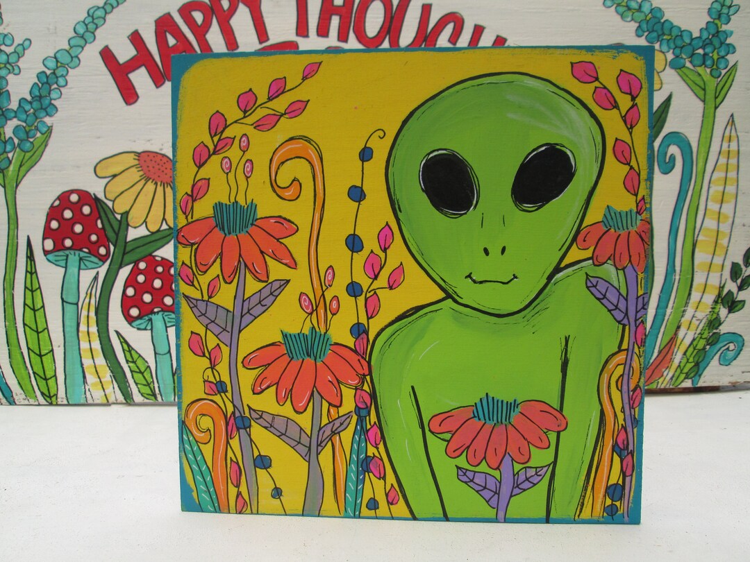 Original Alien Painting With Flowers, Cute Alien Art, Hand-painted ...