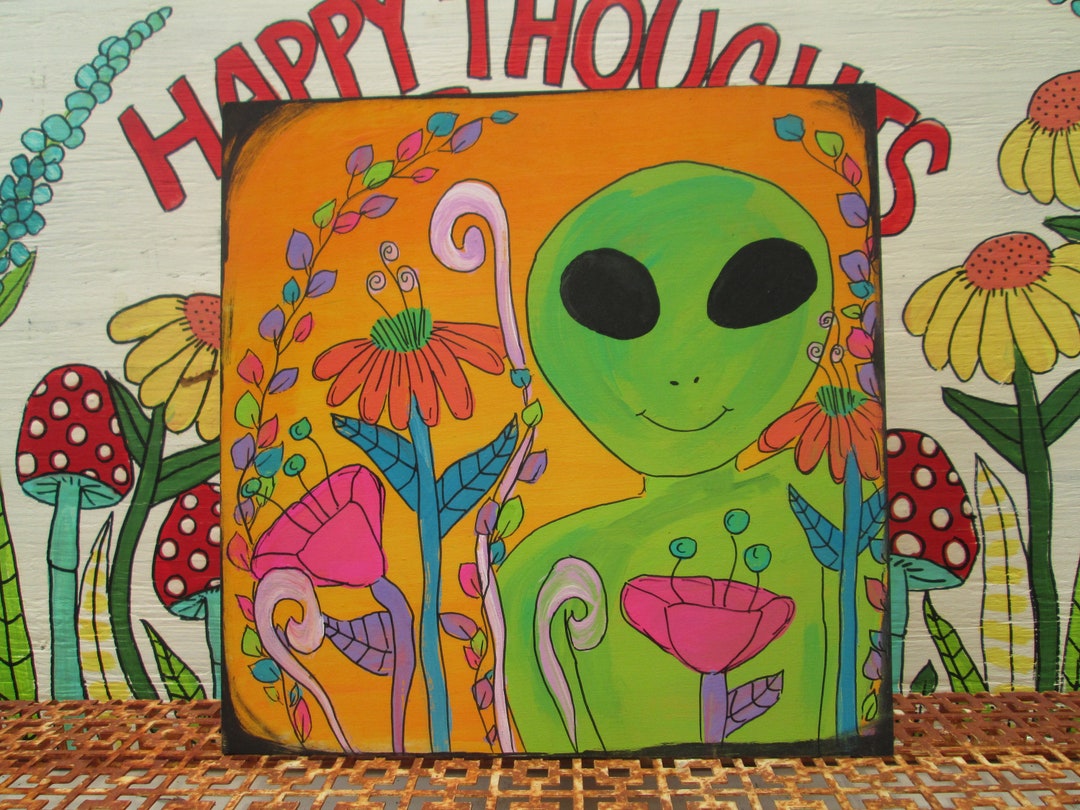 Original Alien Painting With Flowers, Cute Alien Art, Hand-painted ...
