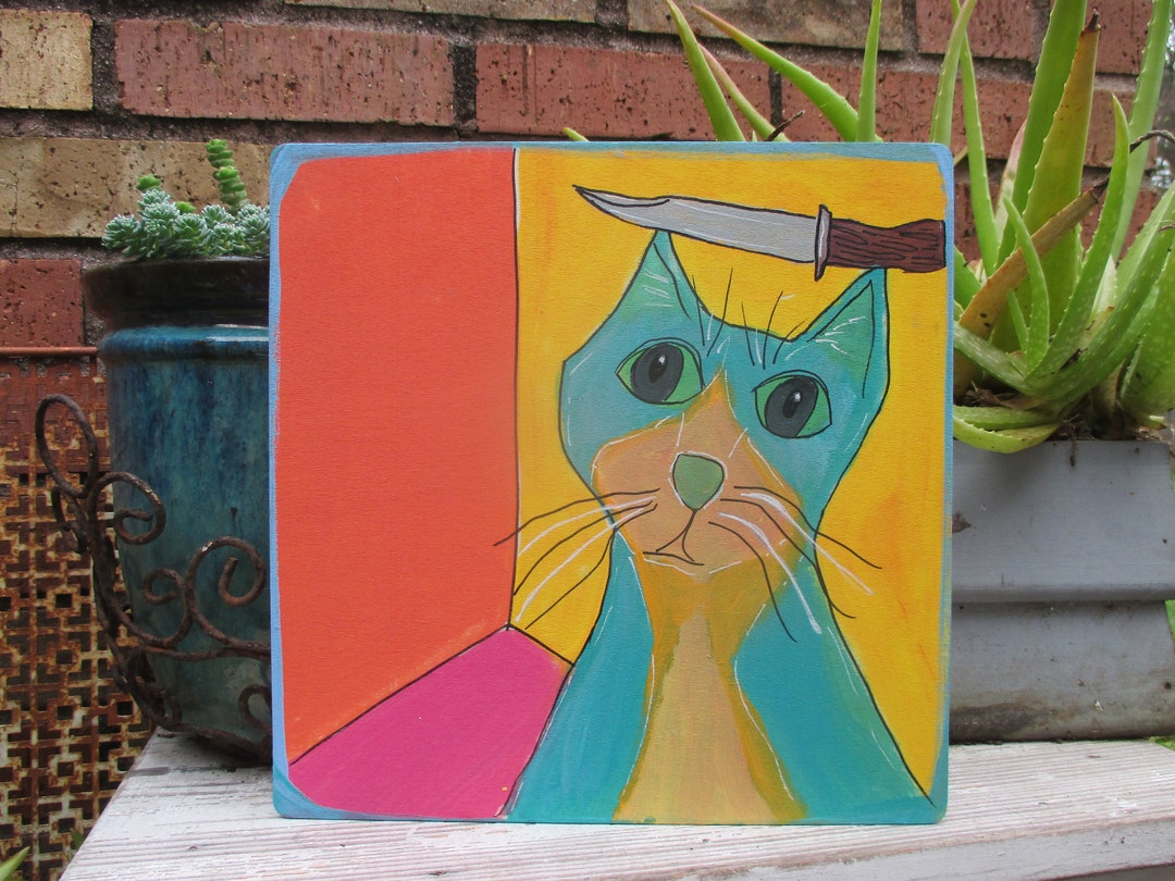 Cat With a Knife or Dagger on Its Head Painting Cute Cat - Etsy