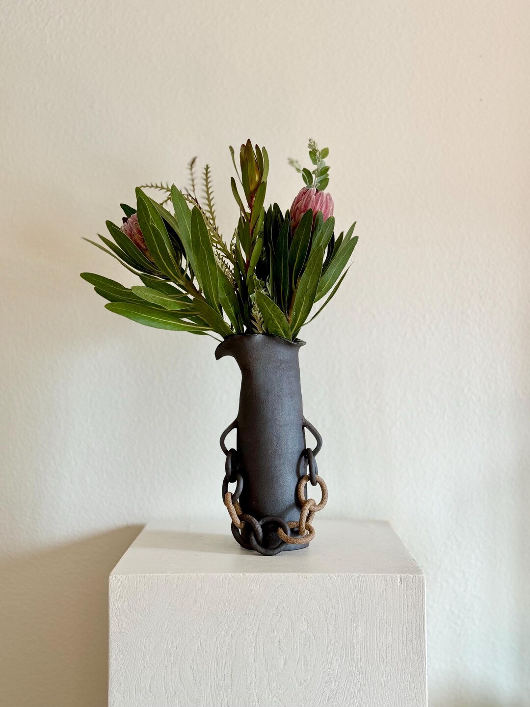 Large Asymmetrical Ceramic Chain Vase, Chain Pottery, Black Vase ...