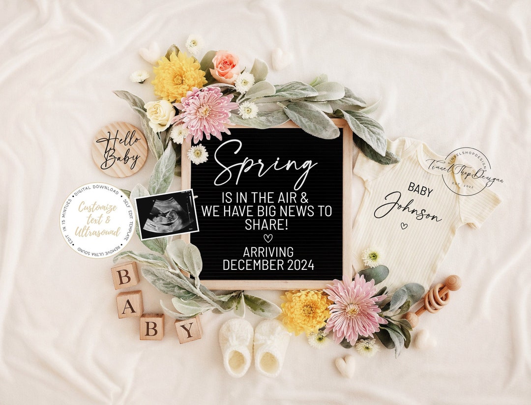 Spring Digital Pregnancy Announcement\ Baby Announcement \ Editable ...