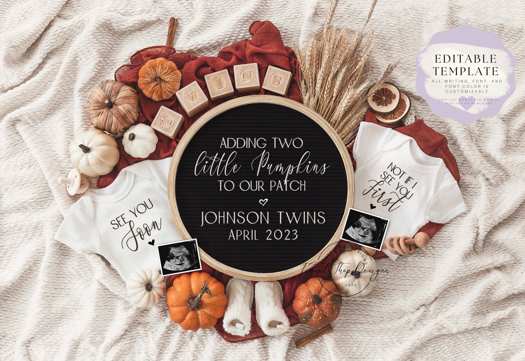 Twin Fall Pregnancy Announcement: Editable Pumpkin Patch Reveal ...