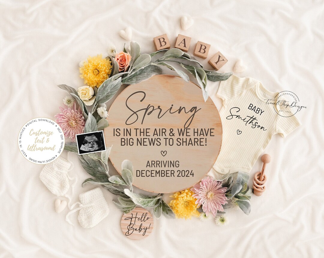 Spring Pregnancy Announcement Digital, Spring Baby Announcement, Boho ...