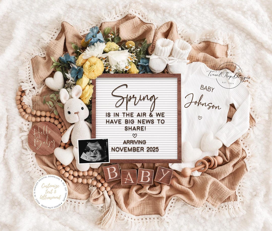 Spring Baby Announcement, Digital Pregnancy Announcement, Editable ...