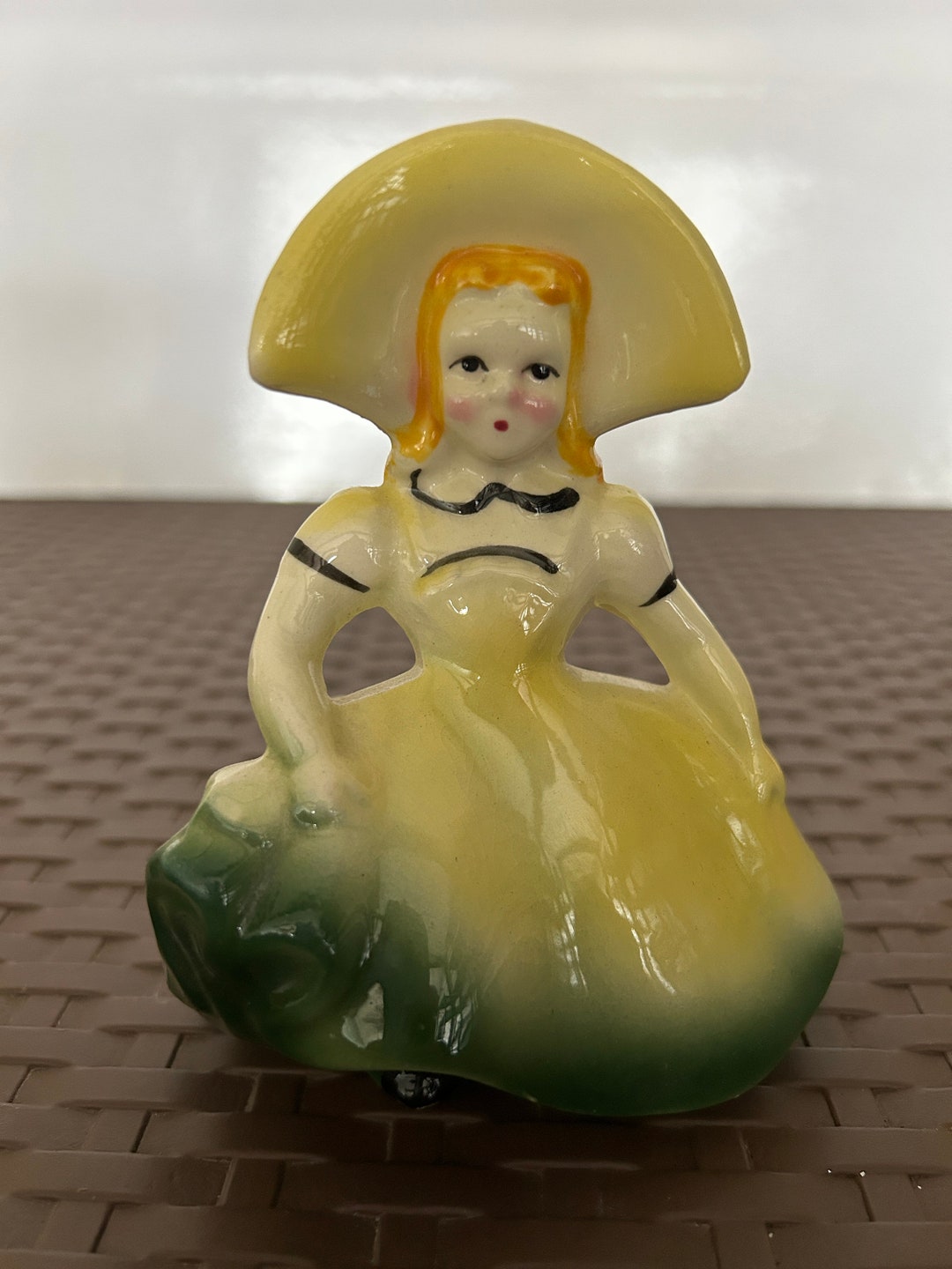 Vintage 60s Ceramic Woman in Green and Yellow Dress Planter Wearing a ...