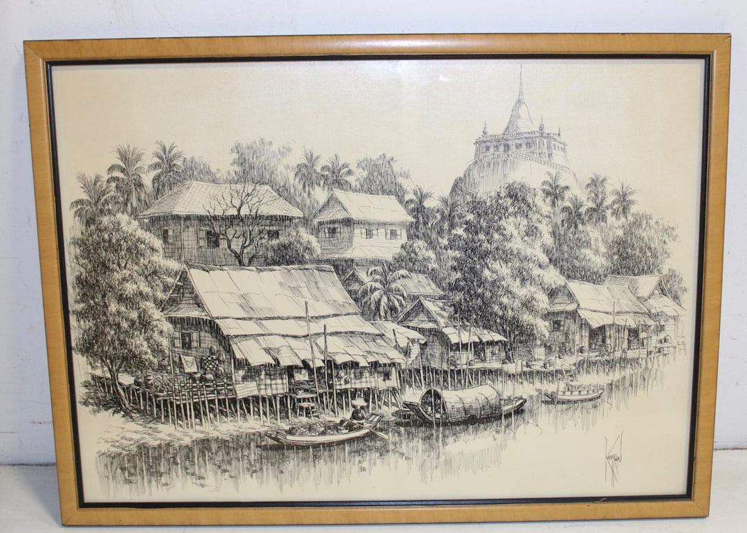 Vintage River Village Ink Drawing by Kamron - Etsy