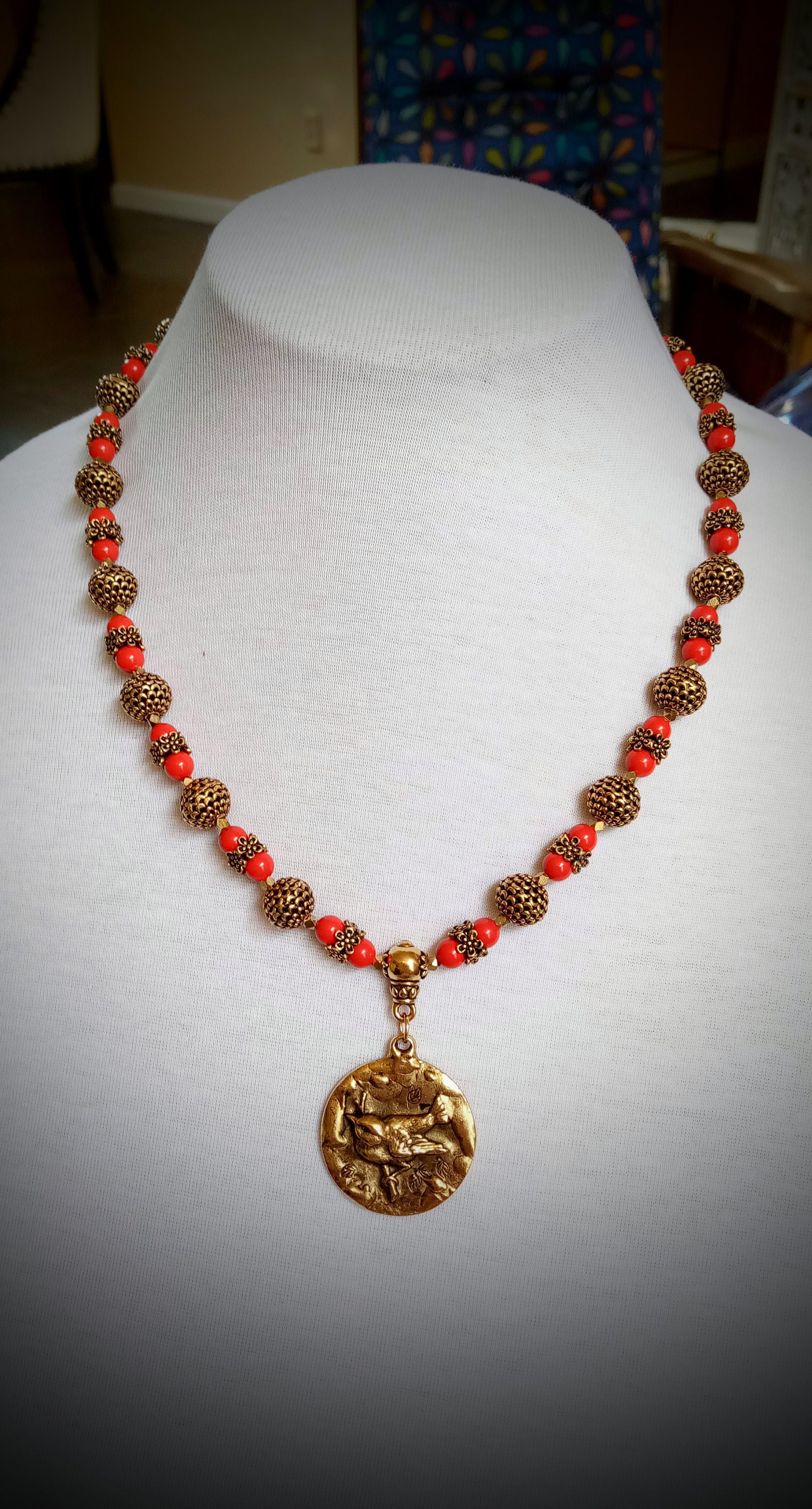 Antique Gold Bird Pendant Necklace: Exotic Red Cinnabar Beads With ...