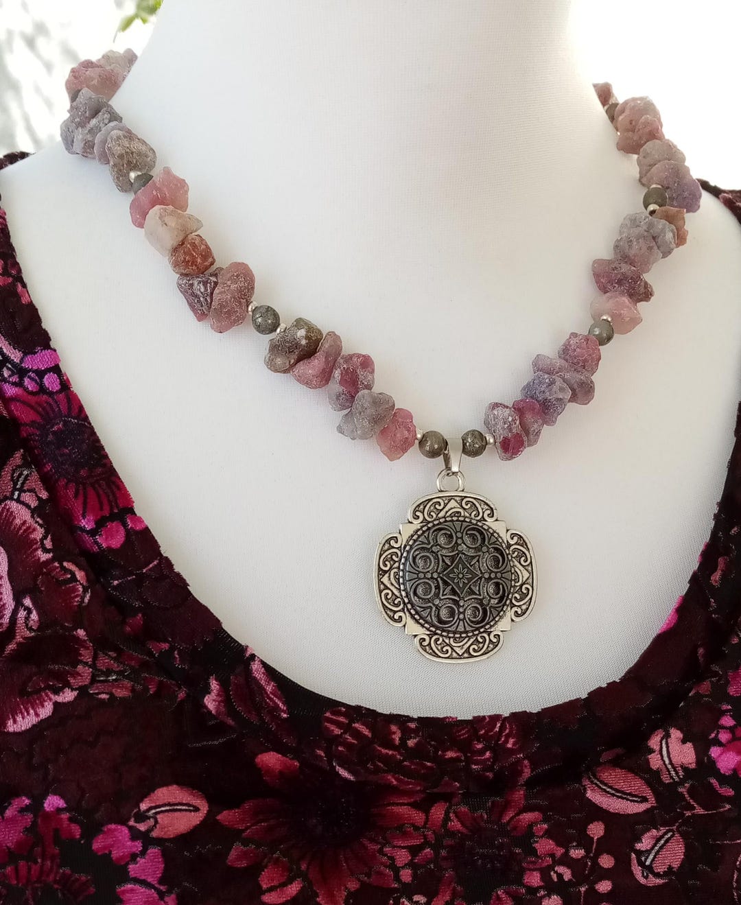 Rustic Pink Nugget Tourmaline Silver Gray Button Pendant Necklace - Etsy
