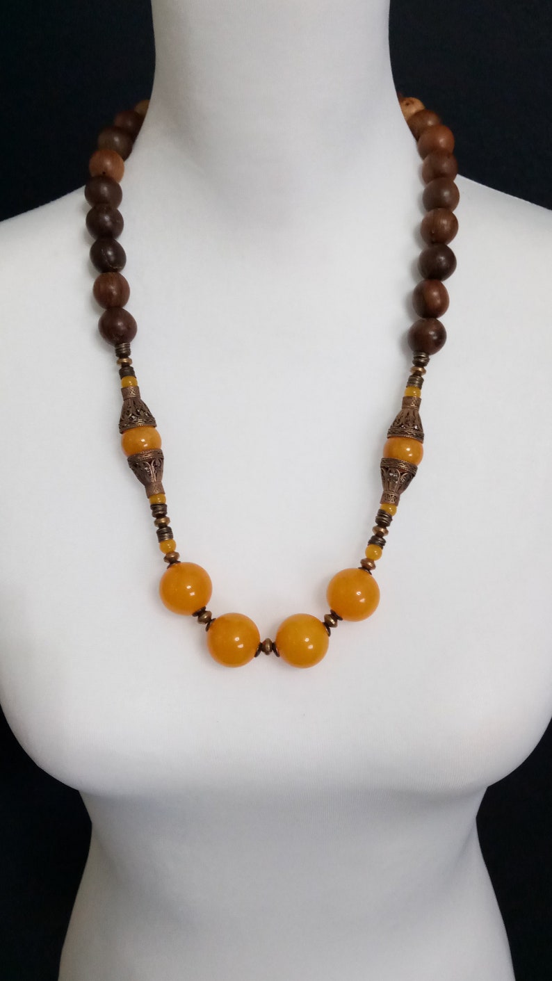 Bold Orange Jade Golden Jade Necklace: Wood Beads, Bronze Filigree ...