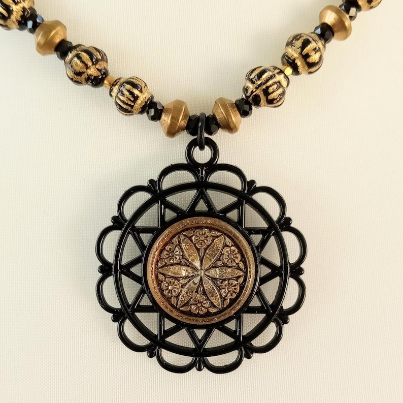 Black and Gold Sparkly Hexafoil Floral Glass Button Pendant Necklace - Etsy