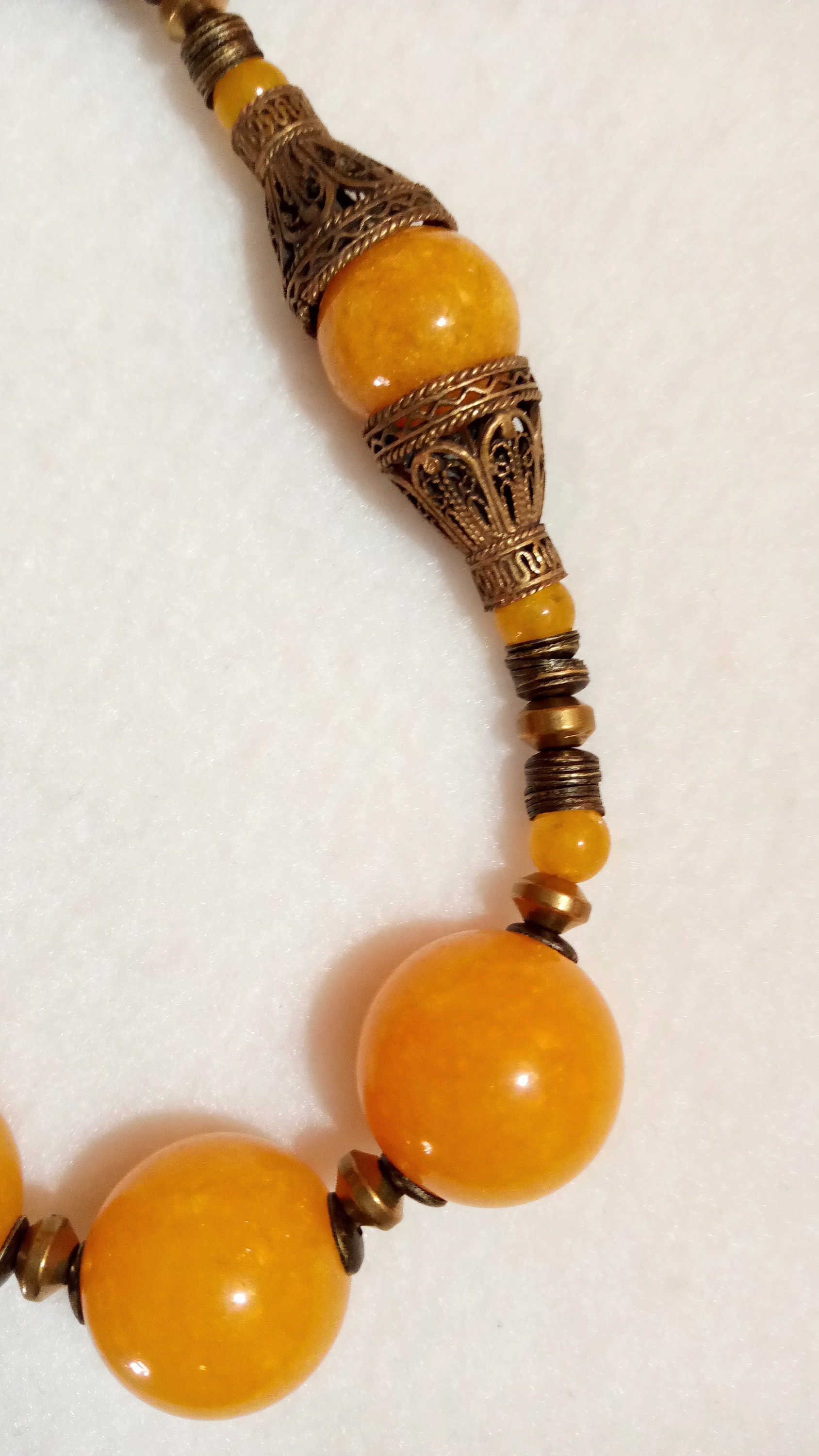 Bold Orange Jade Golden Jade Necklace: Wood Beads, Bronze Filigree ...