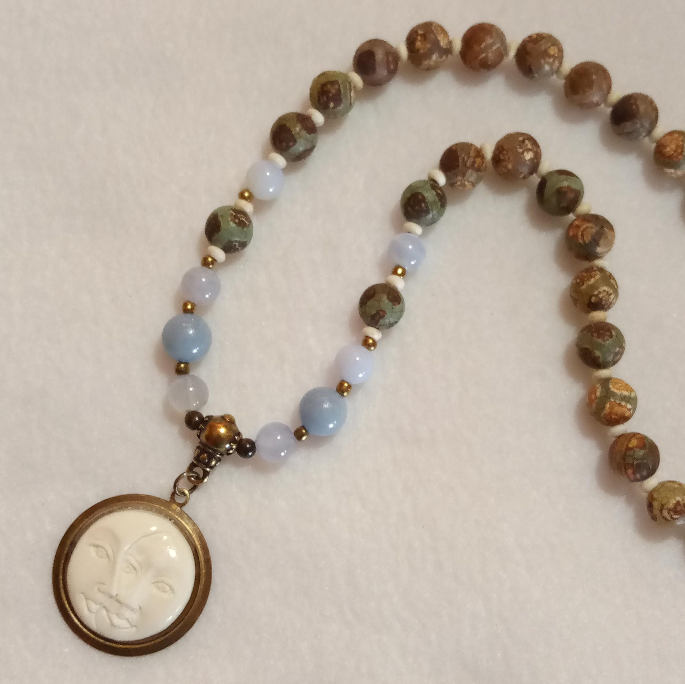 Carved Bone Moon Face Tibetan Agate Angelite Blue Lace Agate Beaded ...