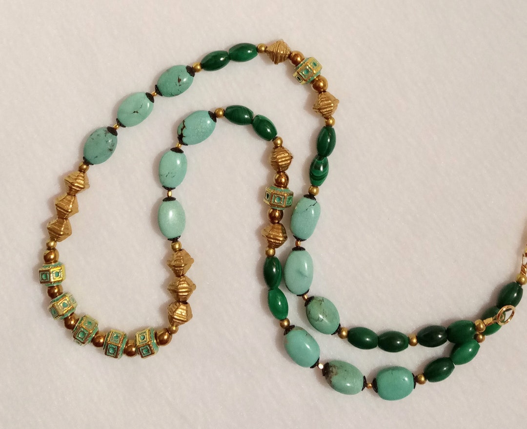 Genuine Turquoise, Malachite, Brass, Vintage Bead Exotic Long Necklace ...