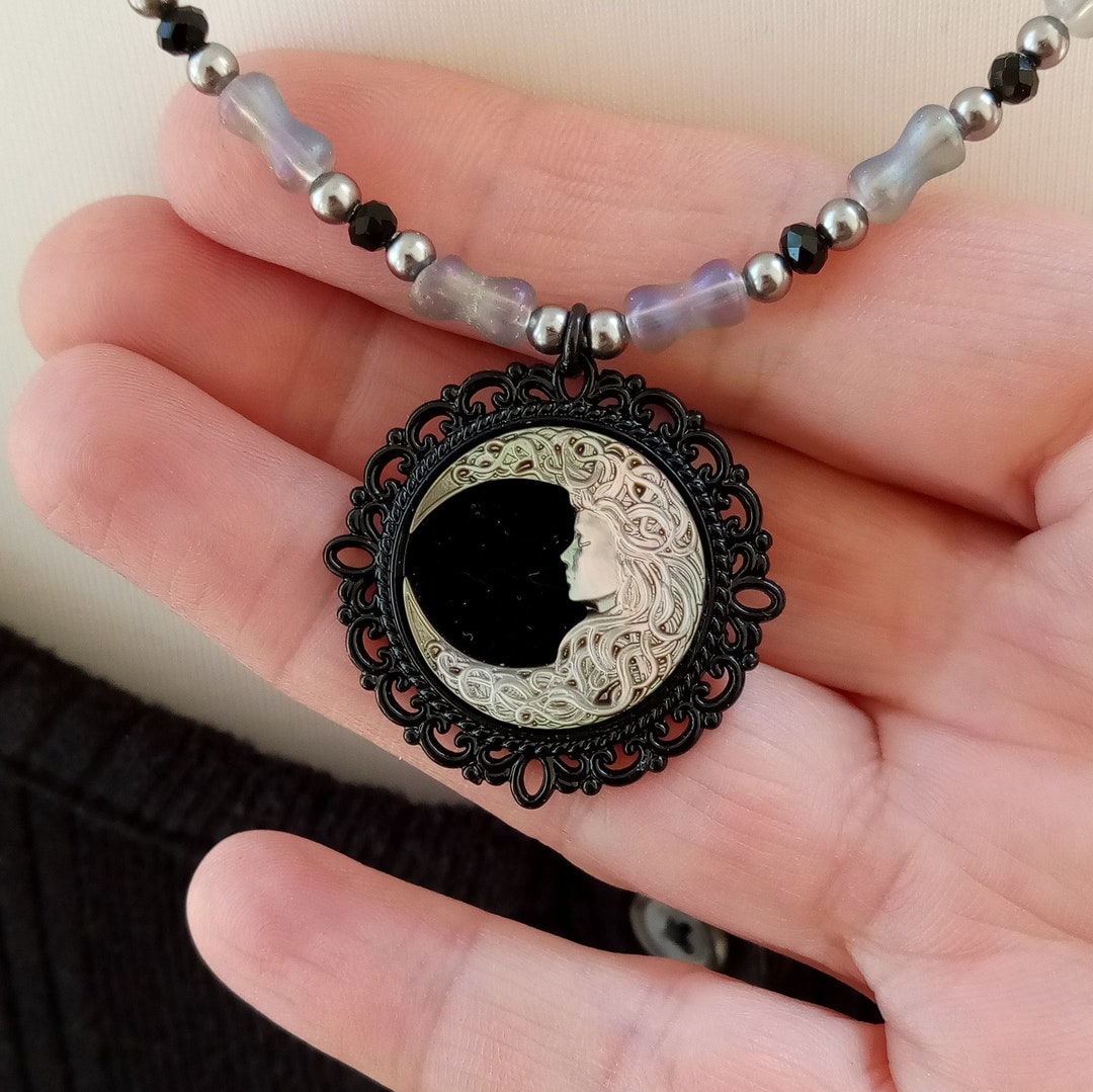 Female Power Crescent Moon Black MOP Profile Cameo Silver Gray Necklace ...