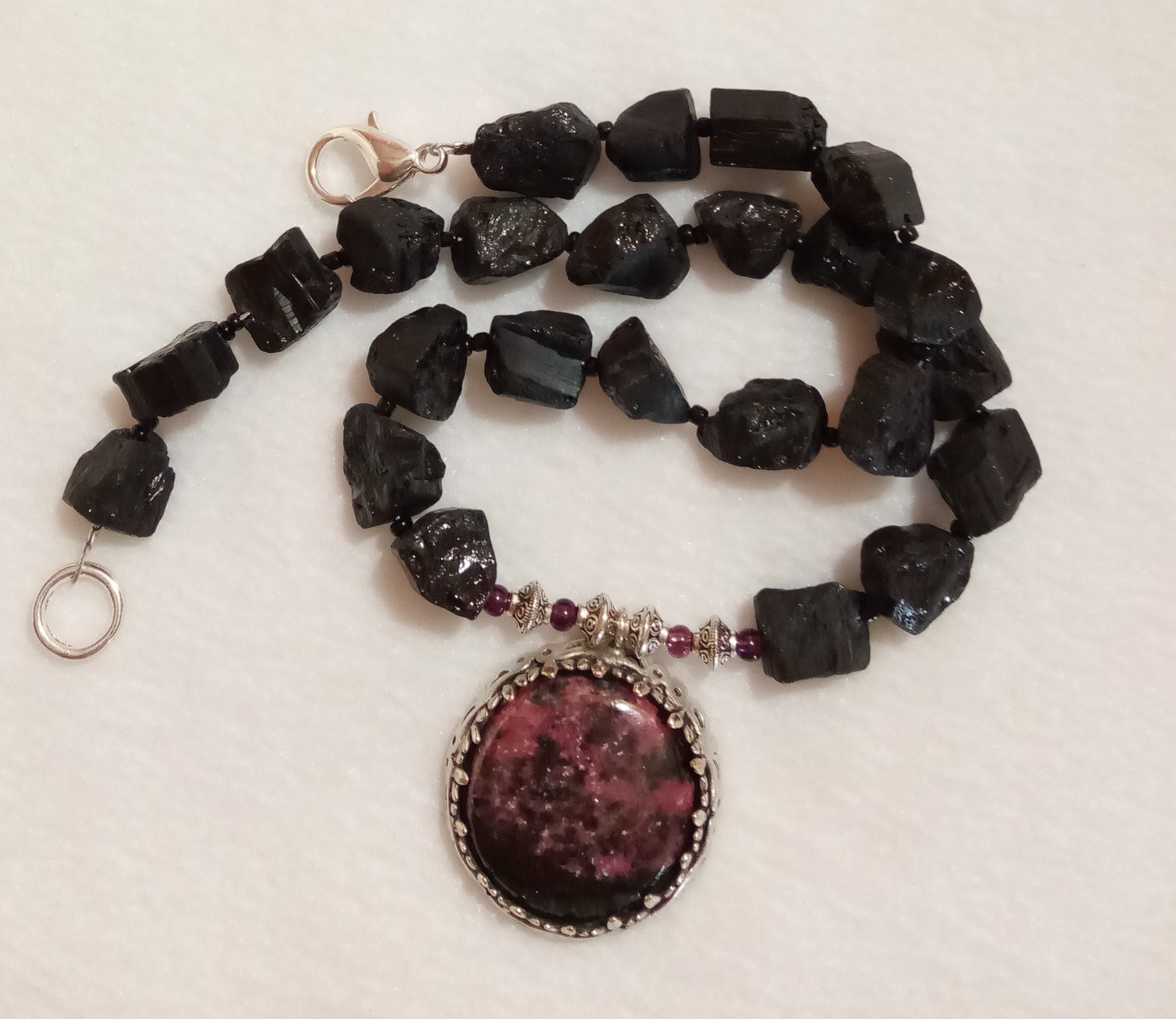 Wicked Black Tourmaline Pink Purple Rhodonite Pendant Necklace - Etsy