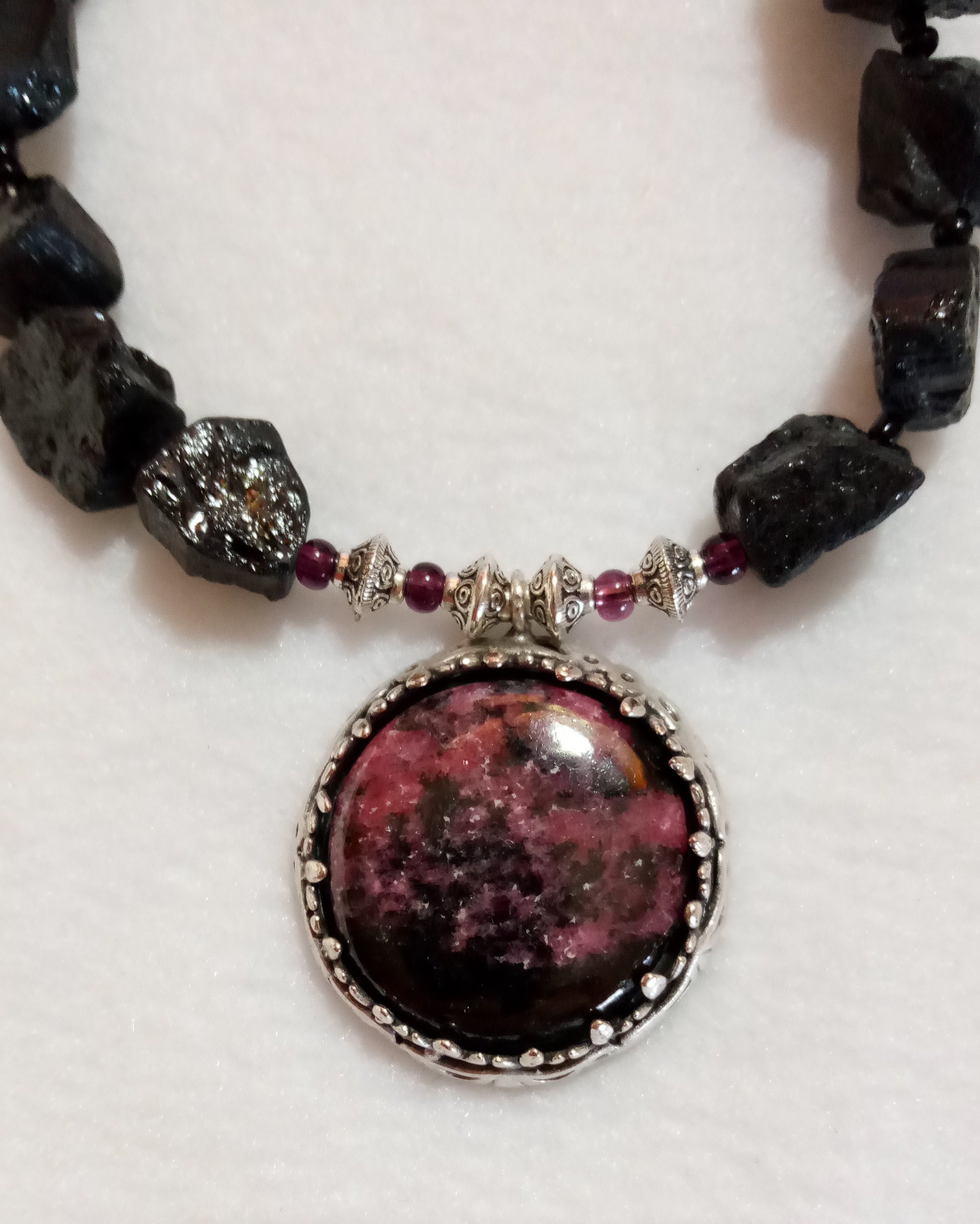 Wicked Black Tourmaline Pink Purple Rhodonite Pendant Necklace - Etsy