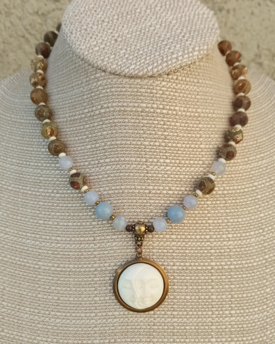 Carved Bone Moon Face Tibetan Agate Angelite Blue Lace Agate Beaded ...