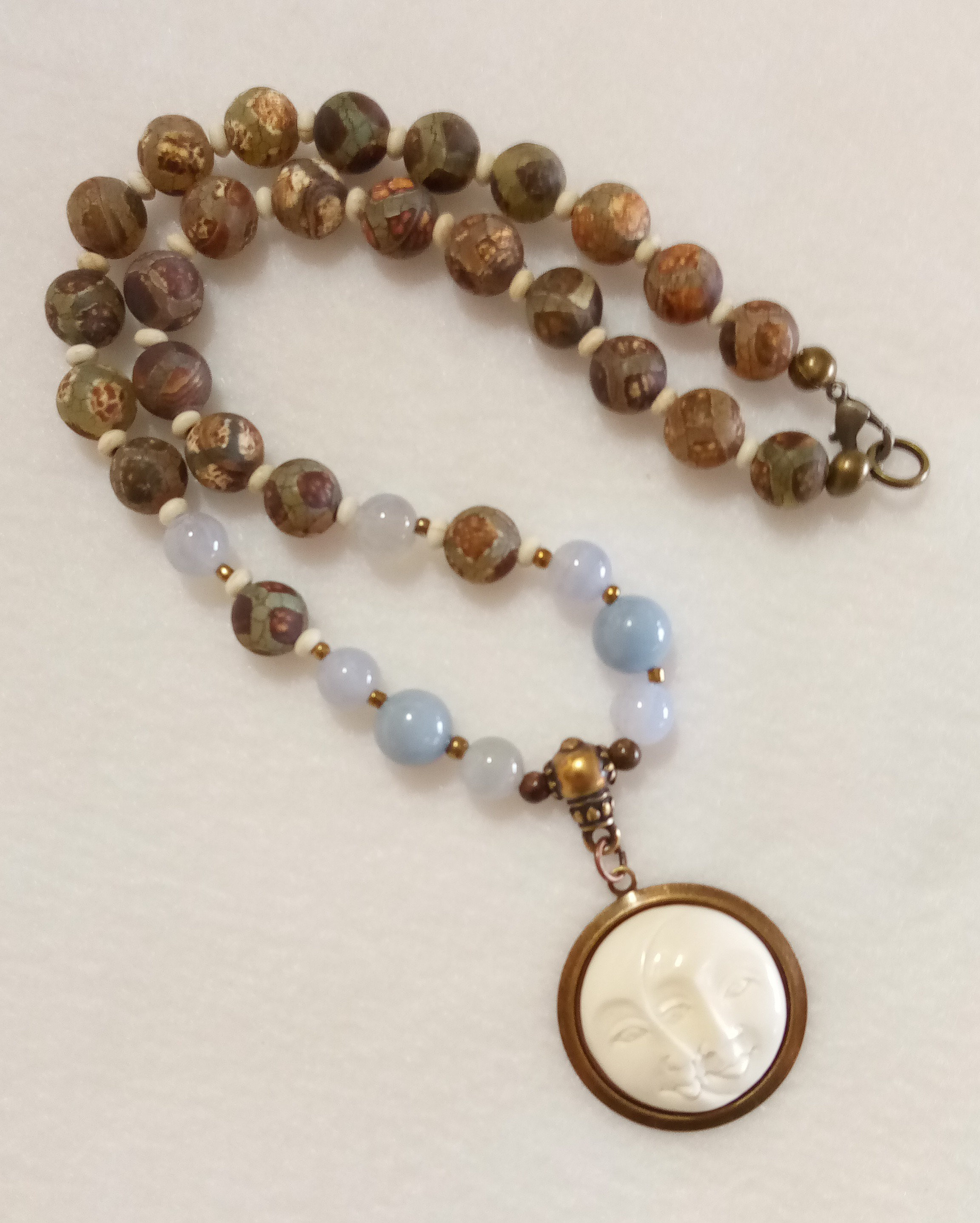 Carved Bone Moon Face Tibetan Agate Angelite Blue Lace Agate Beaded ...