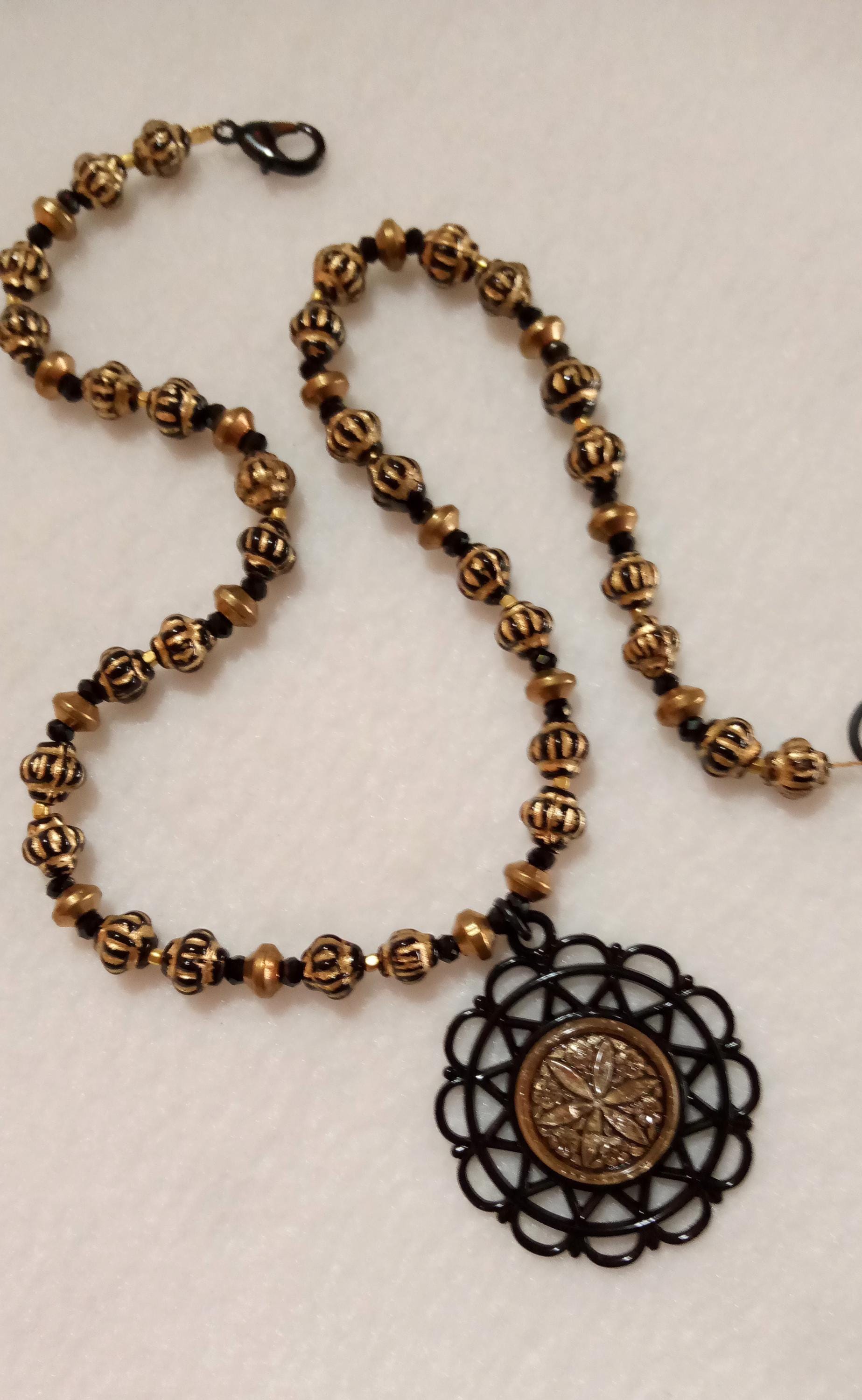 Black and Gold Sparkly Hexafoil Floral Glass Button Pendant Necklace - Etsy