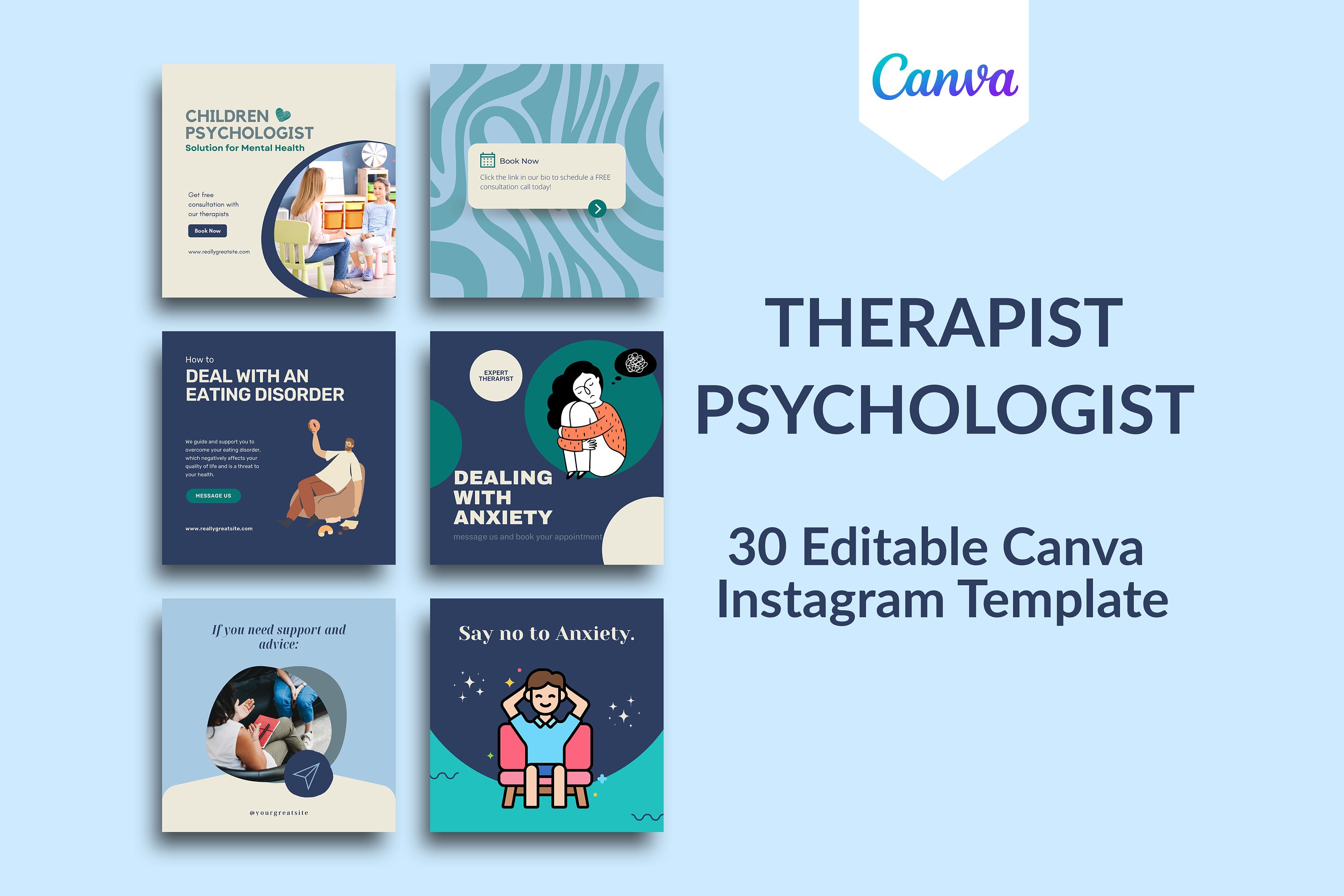 Editable 30 Social Media Template Therapist Psychologist Canva ...