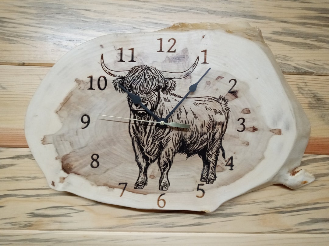 Highland Cow, Laser Engraved Wood Clock, Live Edge Wood Clock, Lacquer ...