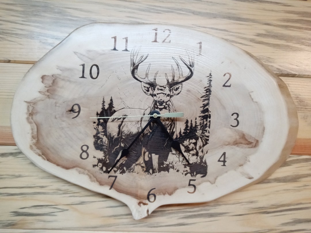 Whitetail Deer Buck, Laser Engraved Wood Clock, Live Edge Wood Clock ...