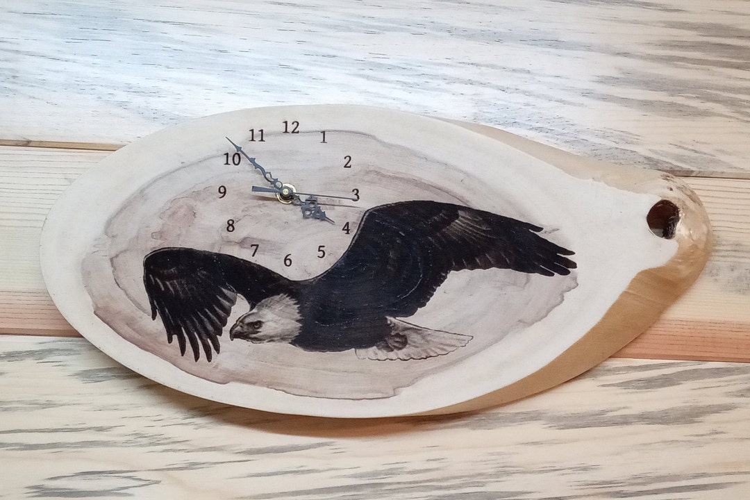 American Bald Eagle, Laser Engraved Clock, Live Edge Wood, Lacquer ...