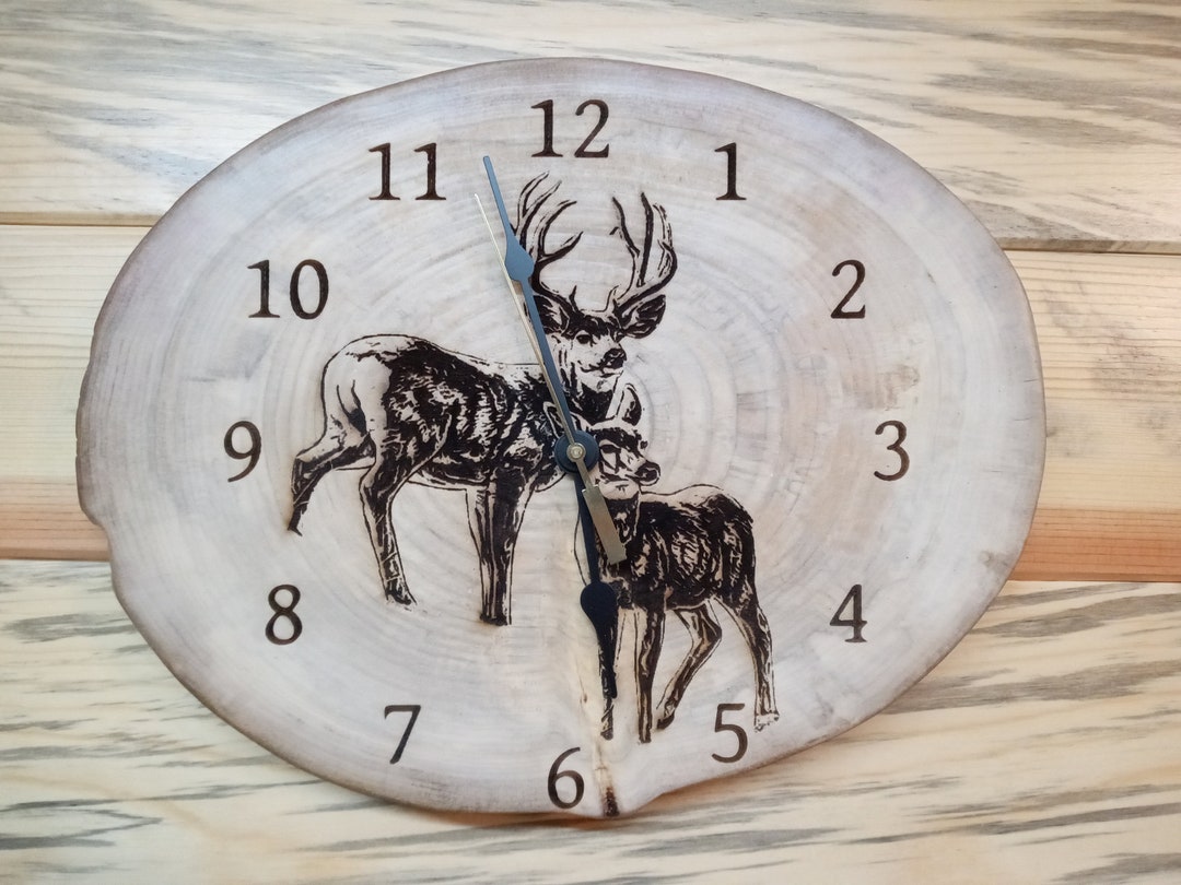Whitetail Deer, Forest Scene, Laser Engraved Wood Clock, Natural Wood ...