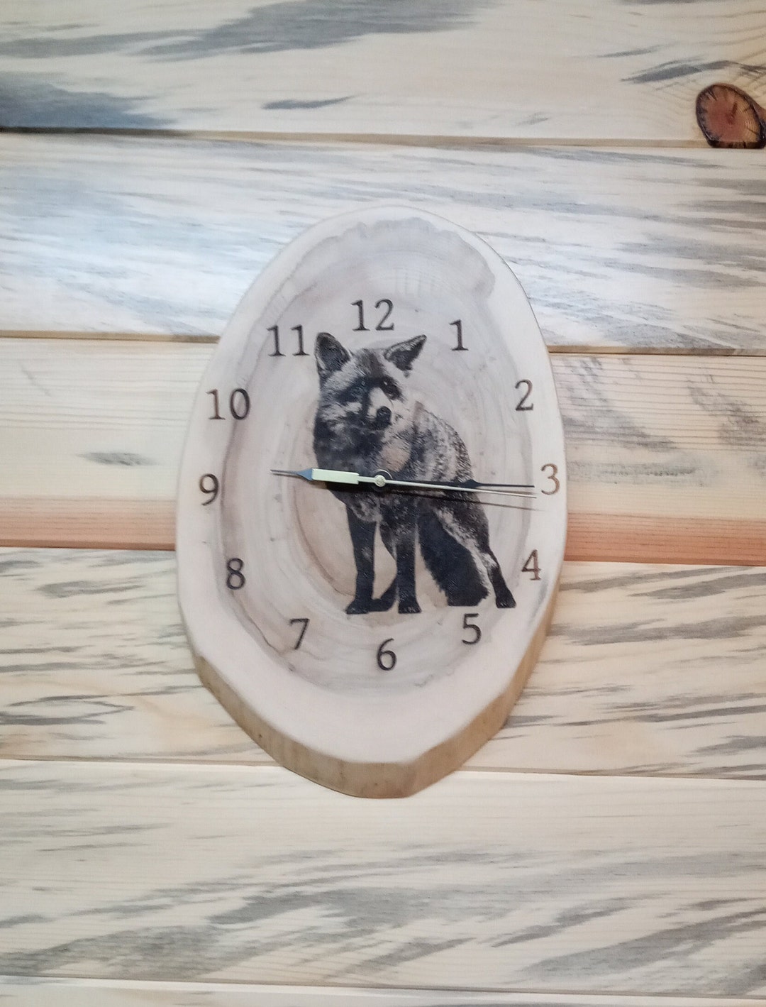 Red Fox, Laser Engraved Clock, Live Edge Wood, Lacquer Finished ...