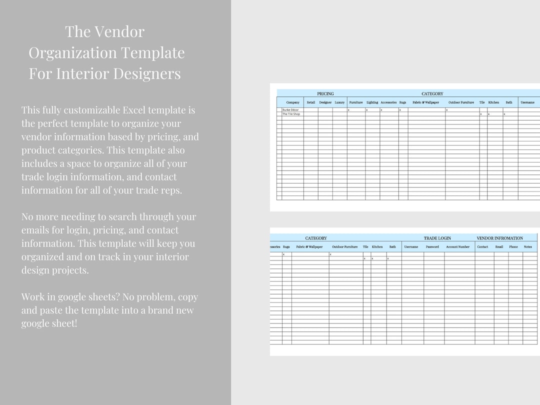 Vendor Organization Template | Interior E-design Template | Interior ...