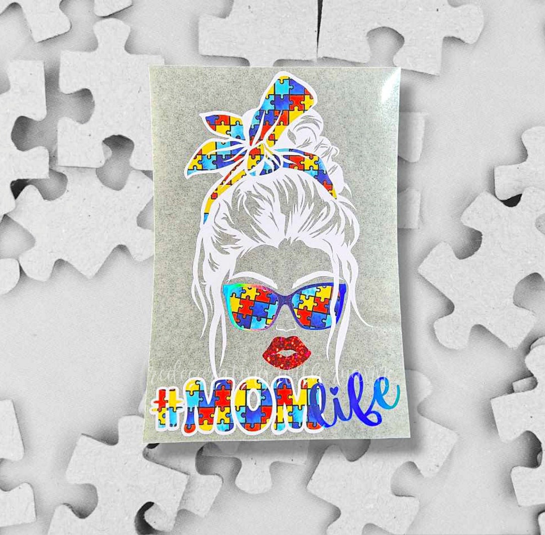 Autism Mom Life Car Decal - Messy Mom Bun Decal - Glitter Holographic ...