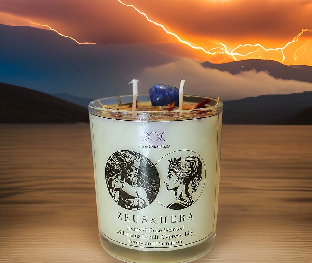Zeus and Hera Candle, Peony and Rose Scented With Lapis Lazuli, Oak ...