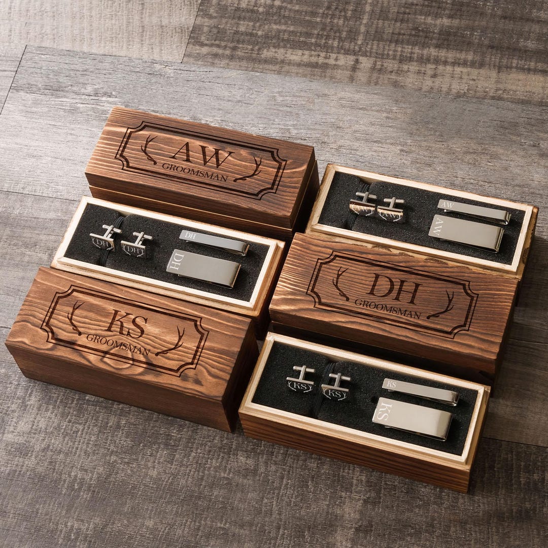 Personalized Cufflinks Tie Clip Box, Engraved Groomsmen Cufflinks ...
