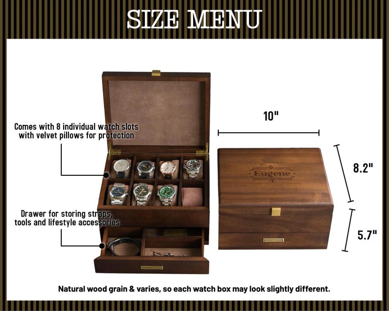 Wooden Watch Box, Watch Case With Removable Dividers & Pull-out Drawer ...