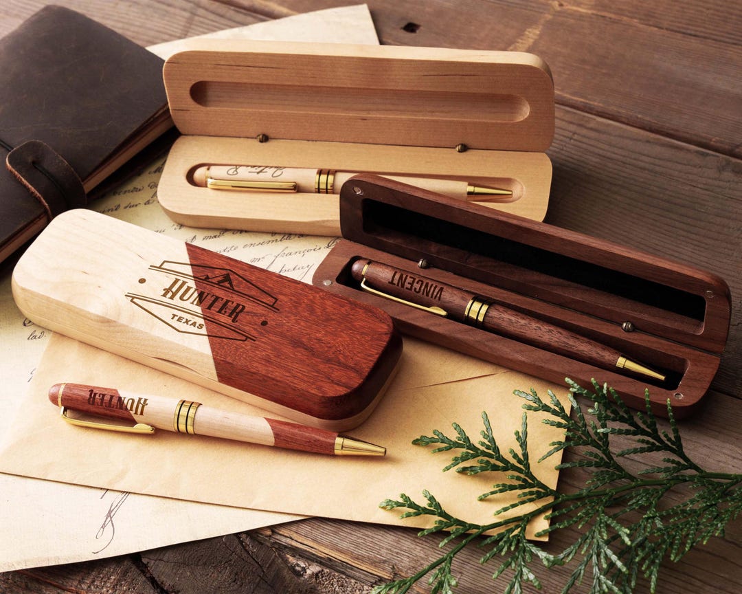 Custom Wood Pen Set Wood Engraved Pen Holder Personalized Gift for Him ...