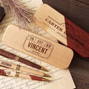 Custom Wood Pen Set Wood Engraved Pen Holder Personalized Gift for Him ...