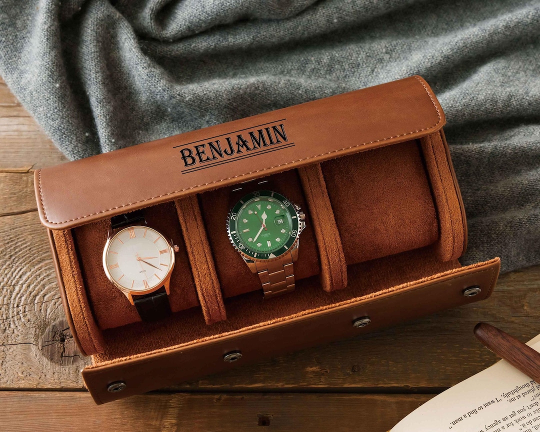 Custom Leather Watch Case, Personalized Travel Watch Roll, Engraved ...