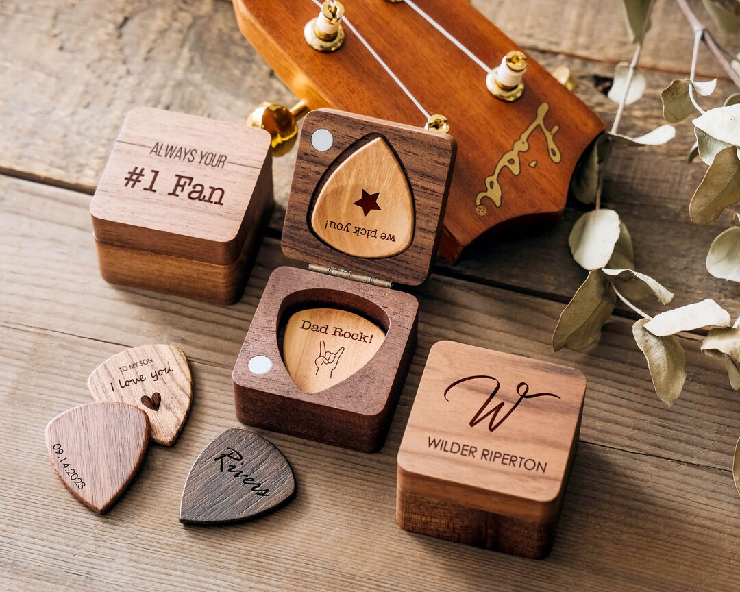 Gepersonaliseerde houten plectrums met houder Kerstcadeau vader ...