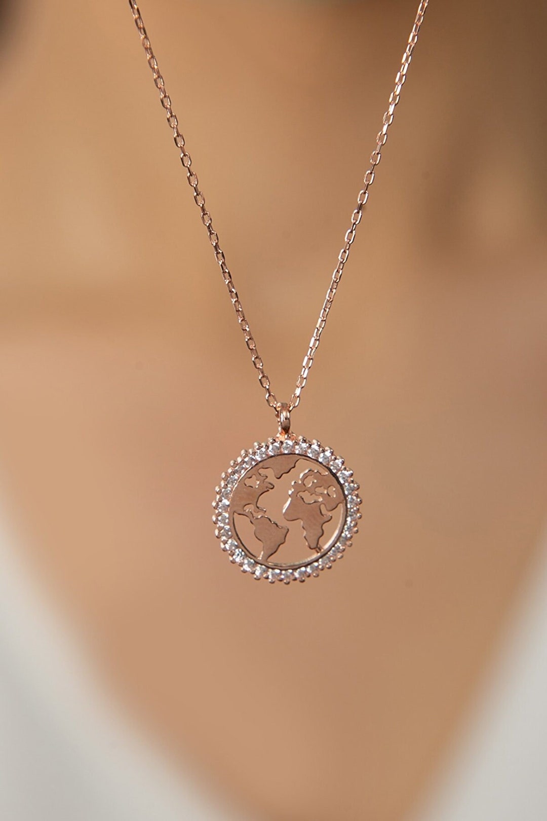 World Map Necklace | 925 Sterling Silver Rose Gold Shiny World Charm ...
