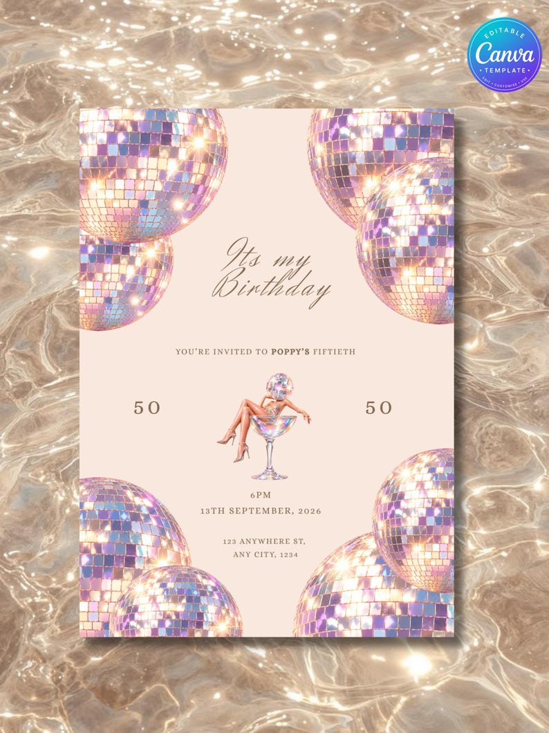 Iridescent Disco 50th Birthday Invitation 2.0 | Editable Canva Template ...